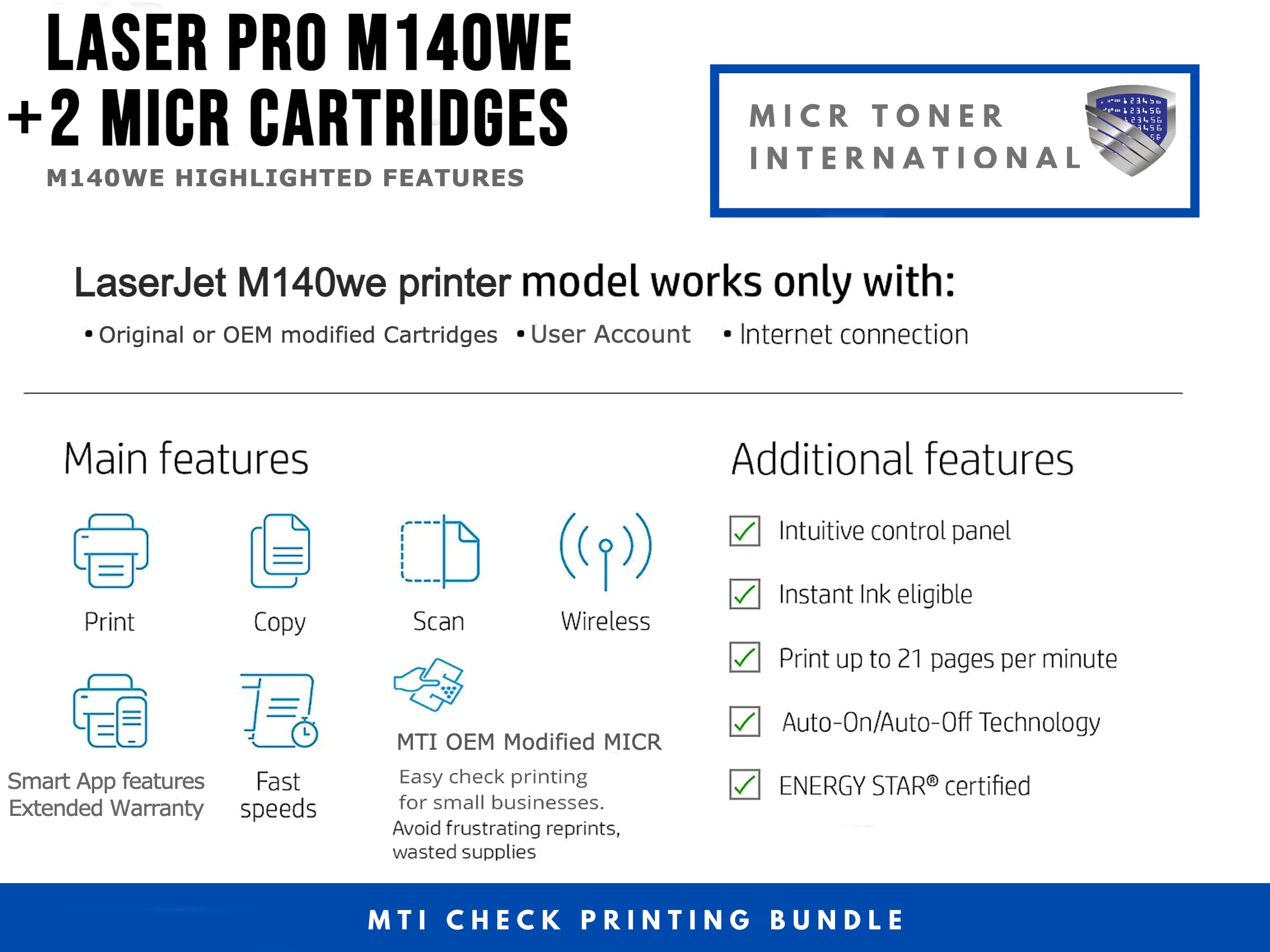 MTI M140we Laser MFP All-in-One Wireless Black & White Check Printer Bundle with 141A Starter MICR Toner, W1410A MTI Modified Magnetic Ink Cartridge, 100 Sheets Blank Check Paper