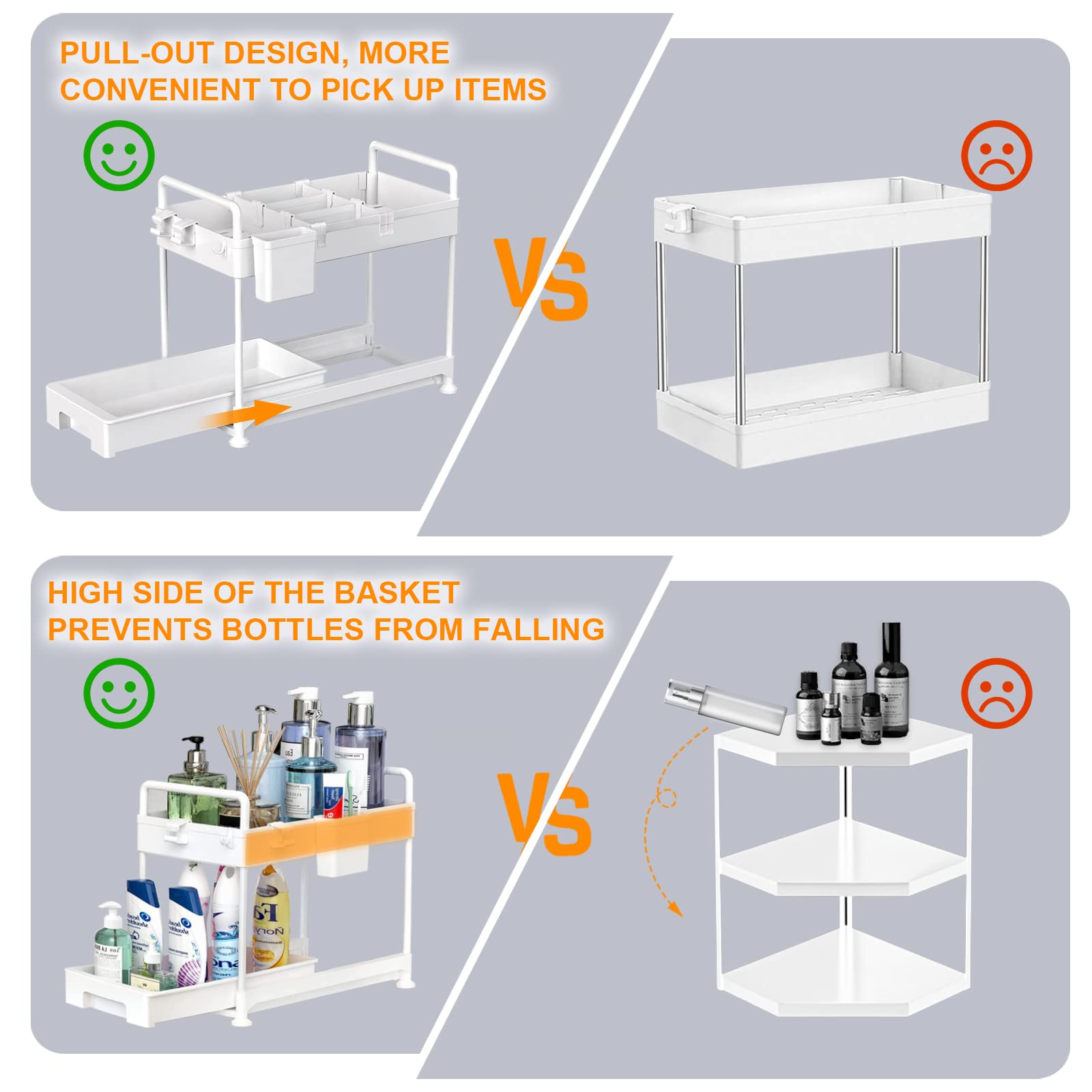 Vantency 2 Pack Under Sink Organizer, 2 Tier Sliding Under Kitchen Cabinet Storage Drawer with Hooks, Hanging Cup, Dividers, Handles and Anti-Slip Foot Mats (2PC-White)