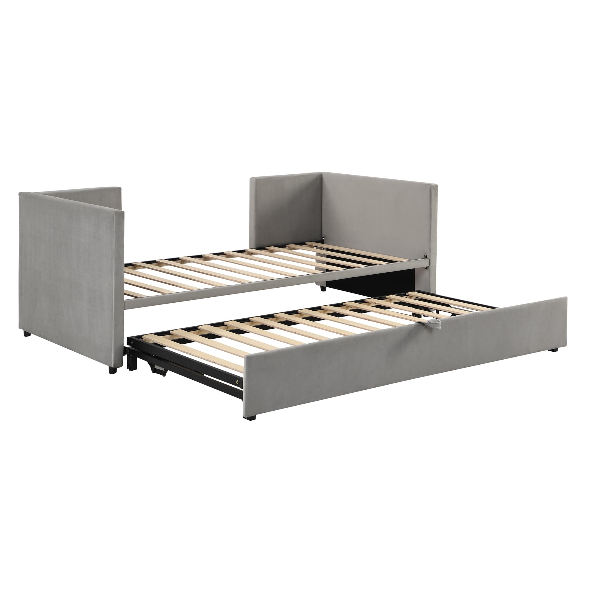 Upholstered Daybed with Extendable Trundle, Twin to King Size Design, Velvet Upholstery Daybed Sofa Bed for Bedroom Guest Room Living Room, Maximize Space (Gray-Ex)