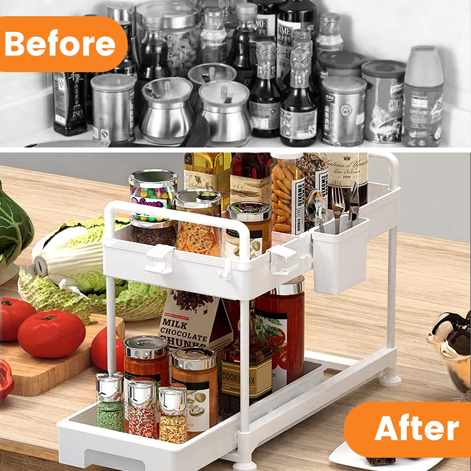 Vantency 2 Pack Under Sink Organizer, 2 Tier Sliding Under Kitchen Cabinet Storage Drawer with Hooks, Hanging Cup, Dividers, Handles and Anti-Slip Foot Mats (2PC-White)