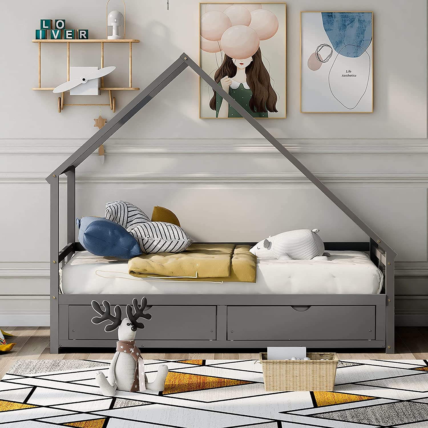 STP-Y Extending Daybed with Trundle Bed and Two Storage Drawers, Twin Size/King Size Solid Wood Daybed Frame, Wooden House Daybed for Teens Girls Boys, No Box Spring Needed, Easy Assembly, Grey