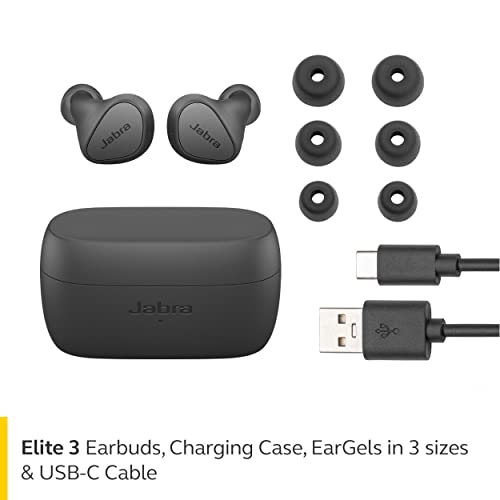 Jabra Elite 3 in Ear Wireless Bluetooth Earbuds β Noise Isolating True Wireless Buds with 4 Built-in Microphones for Clear Calls, Rich Bass, Customizable Sound, and Mono Mode - Dark Grey