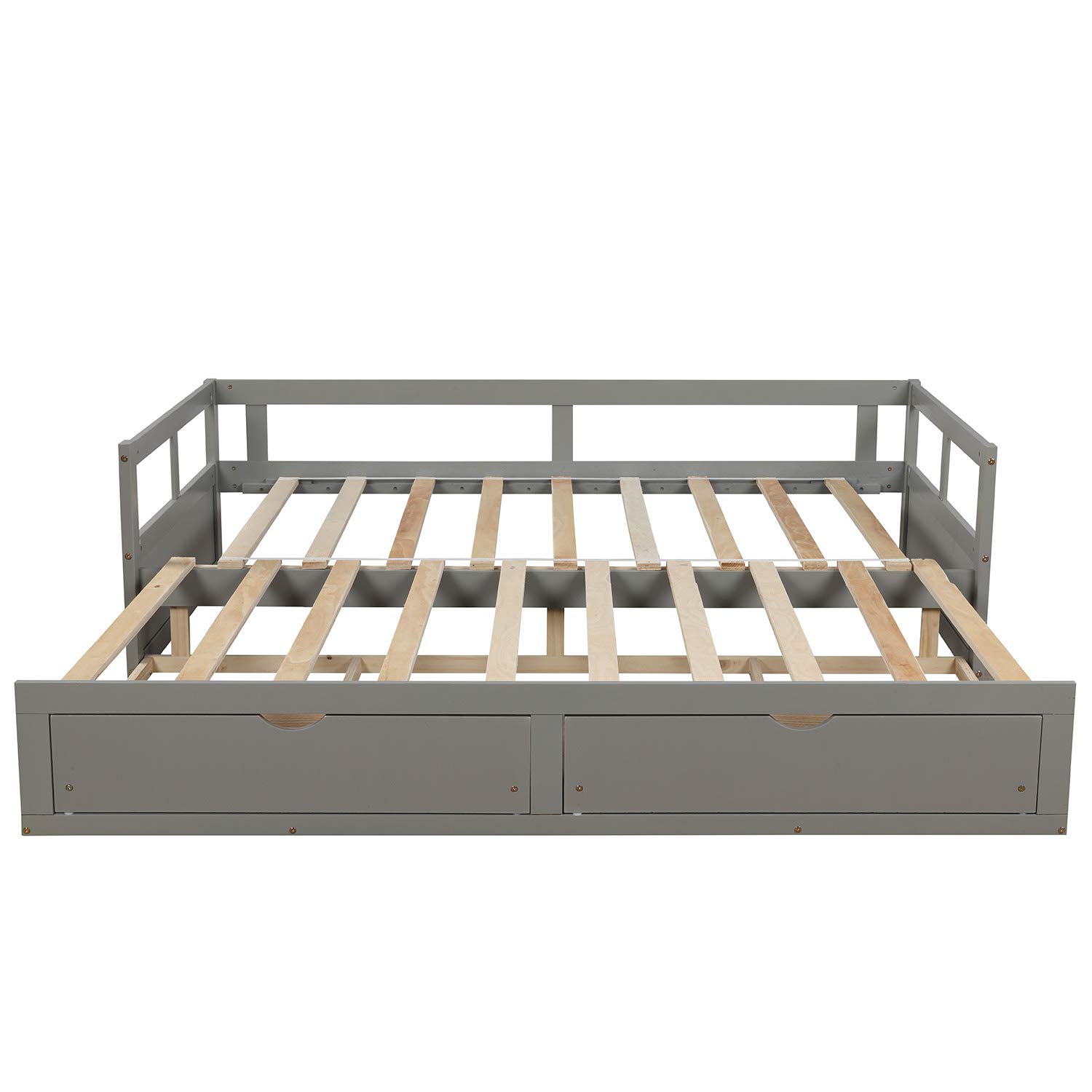 Twin to King Wooden Daybed with Twin Size Trundle Bed and Two Storage Drawers, Extendable Bed Frame, Sofa Bed for Bedroom Living Room, Grey