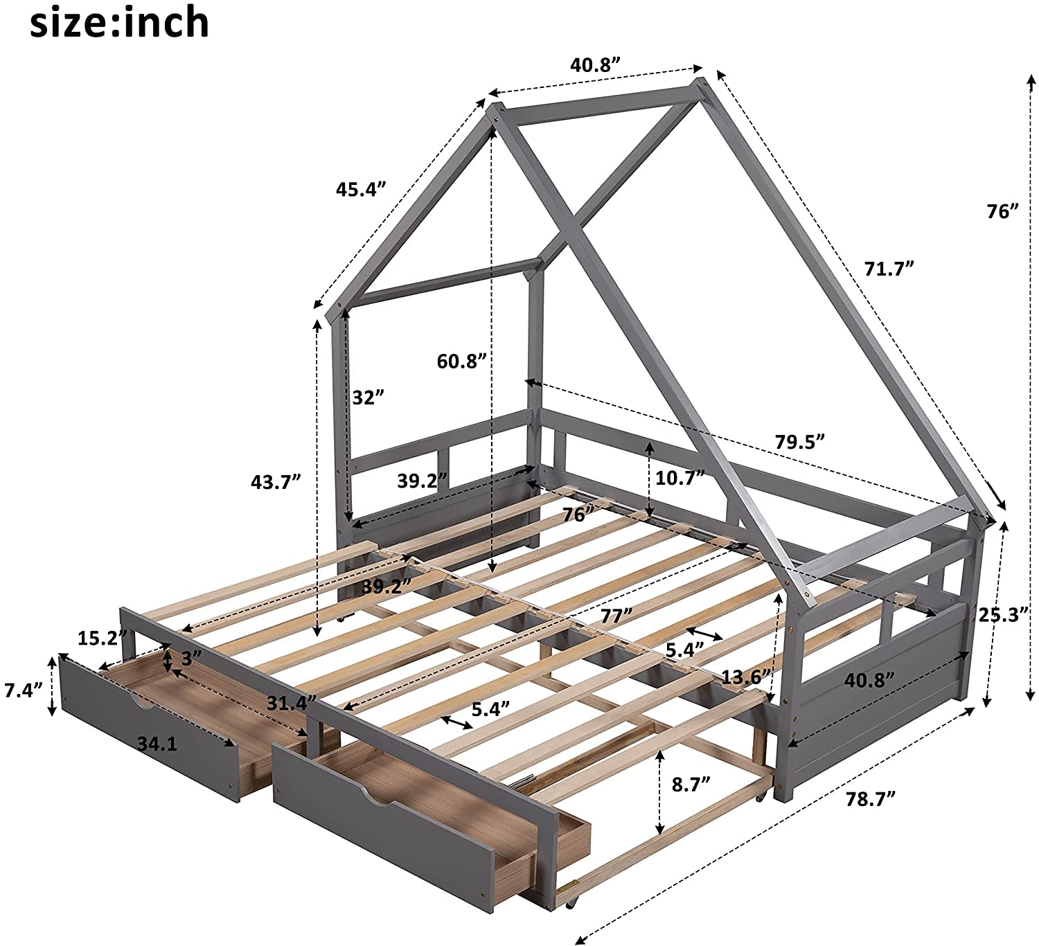 STP-Y Extending Daybed with Trundle Bed and Two Storage Drawers, Twin Size/King Size Solid Wood Daybed Frame, Wooden House Daybed for Teens Girls Boys, No Box Spring Needed, Easy Assembly, Grey