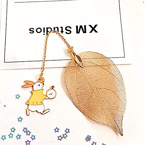 Metal Bookmarks, Buery Handmade Bookmark Cute Leaf Vein Bookmarks with Rabbit Pendant, Golden Bookmark Gift for Kids Adults Bookworms (Rabbit)
