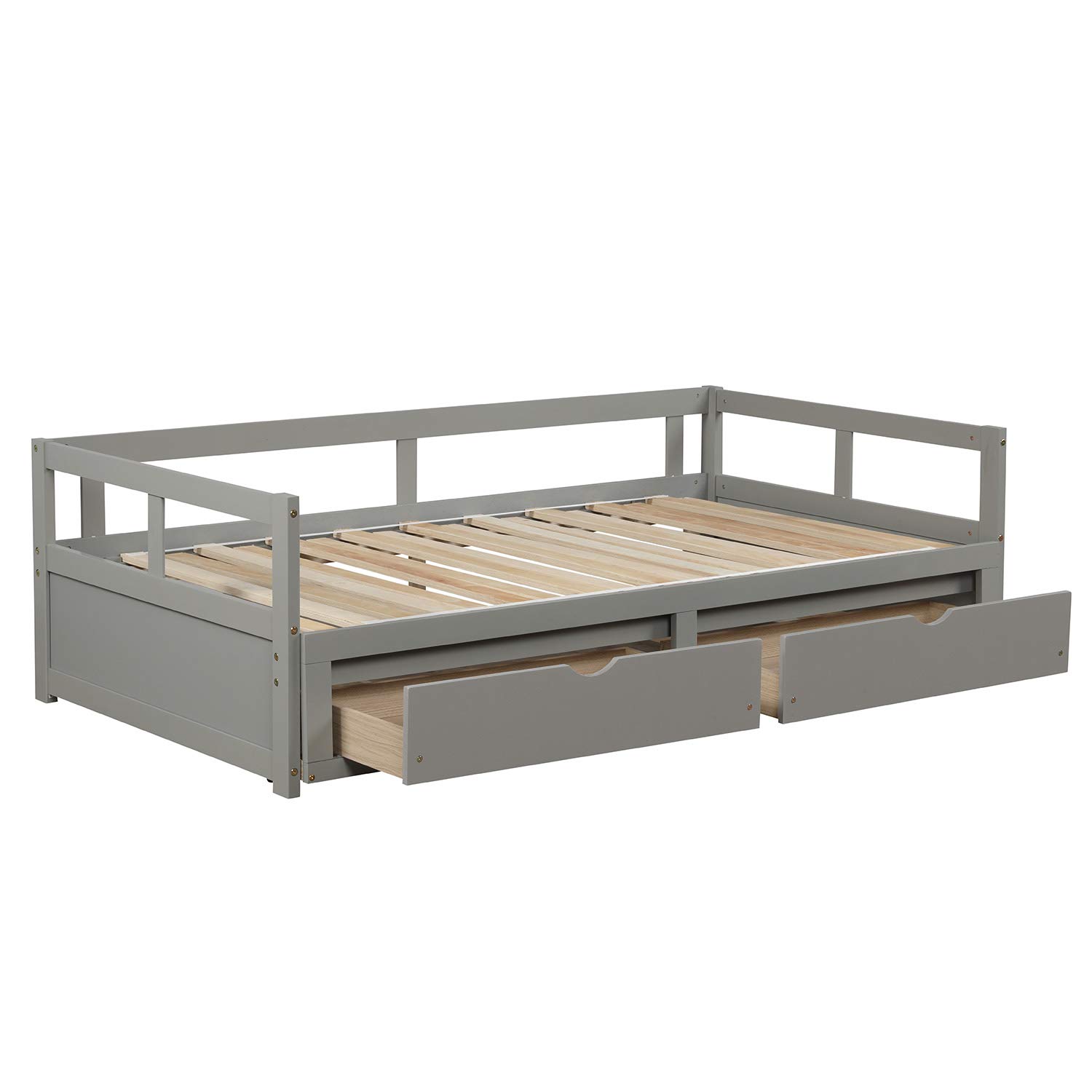 Twin to King Wooden Daybed with Twin Size Trundle Bed and Two Storage Drawers, Extendable Bed Frame, Sofa Bed for Bedroom Living Room, Grey