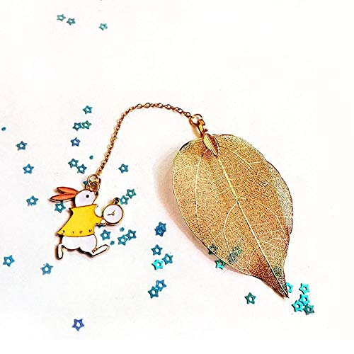Metal Bookmarks, Buery Handmade Bookmark Cute Leaf Vein Bookmarks with Rabbit Pendant, Golden Bookmark Gift for Kids Adults Bookworms (Rabbit)