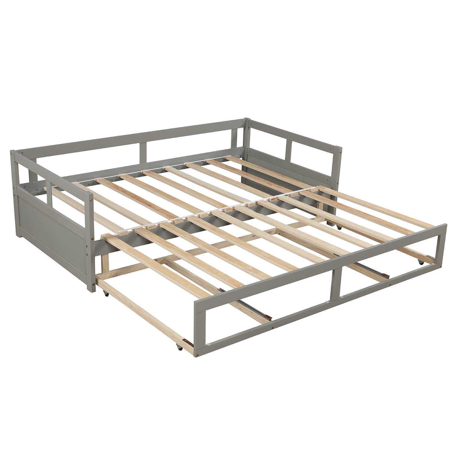 Twin to King Wooden Daybed with Twin Size Trundle Bed and Two Storage Drawers, Extendable Bed Frame, Sofa Bed for Bedroom Living Room, Grey