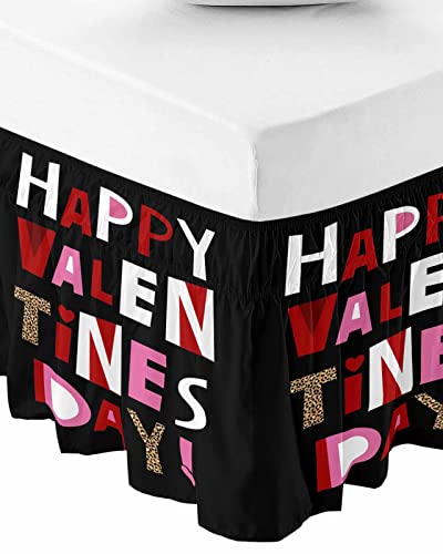 Valentine's Day Bed Skirt King Size 16 Inch Drop,Adjustable & Elastic Wrap Around Bed Skirts Pleated Luxury Dust Ruffles for Twin Full Queen Cal King Bed,Red Pink Black Saint Leopard English Print