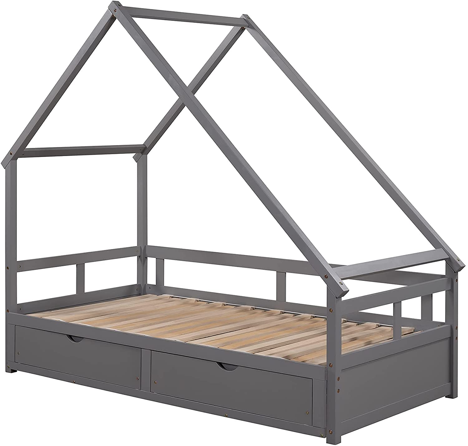 STP-Y Extending Daybed with Trundle Bed and Two Storage Drawers, Twin Size/King Size Solid Wood Daybed Frame, Wooden House Daybed for Teens Girls Boys, No Box Spring Needed, Easy Assembly, Grey