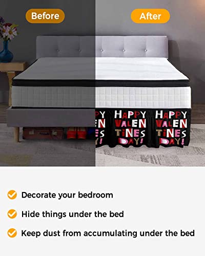 Valentine's Day Bed Skirt King Size 16 Inch Drop,Adjustable & Elastic Wrap Around Bed Skirts Pleated Luxury Dust Ruffles for Twin Full Queen Cal King Bed,Red Pink Black Saint Leopard English Print