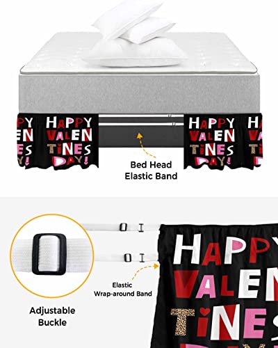 Valentine's Day Bed Skirt King Size 16 Inch Drop,Adjustable & Elastic Wrap Around Bed Skirts Pleated Luxury Dust Ruffles for Twin Full Queen Cal King Bed,Red Pink Black Saint Leopard English Print