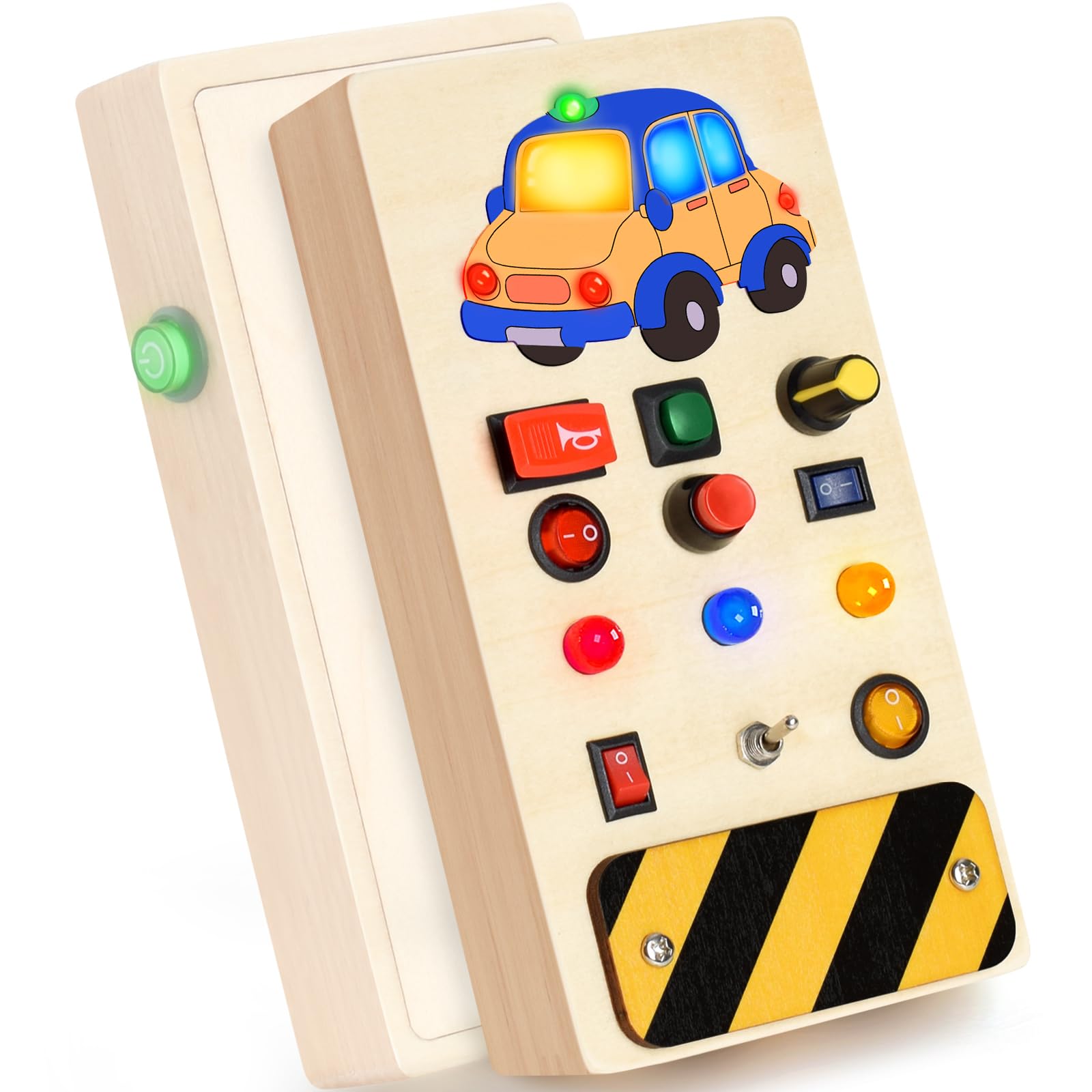 POLKRANE Busy Board with LED Light, Montessori Toys with Toggle Switch, Sensory Toys for Toddlers 1-3, Travel Toys for Educational Toddler Activities for 1 2 3 (MB-CAR)