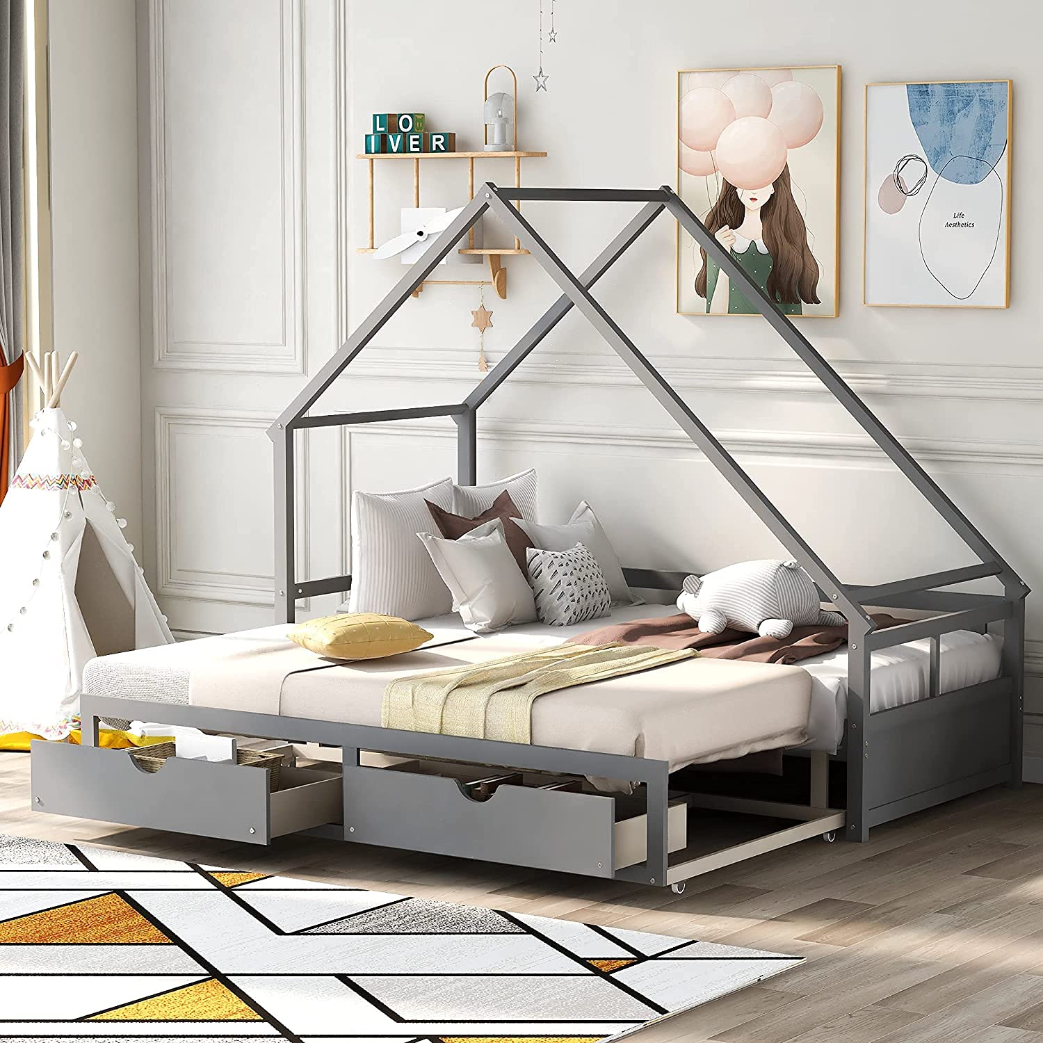 STP-Y Extending Daybed with Trundle Bed and Two Storage Drawers, Twin Size/King Size Solid Wood Daybed Frame, Wooden House Daybed for Teens Girls Boys, No Box Spring Needed, Easy Assembly, Grey
