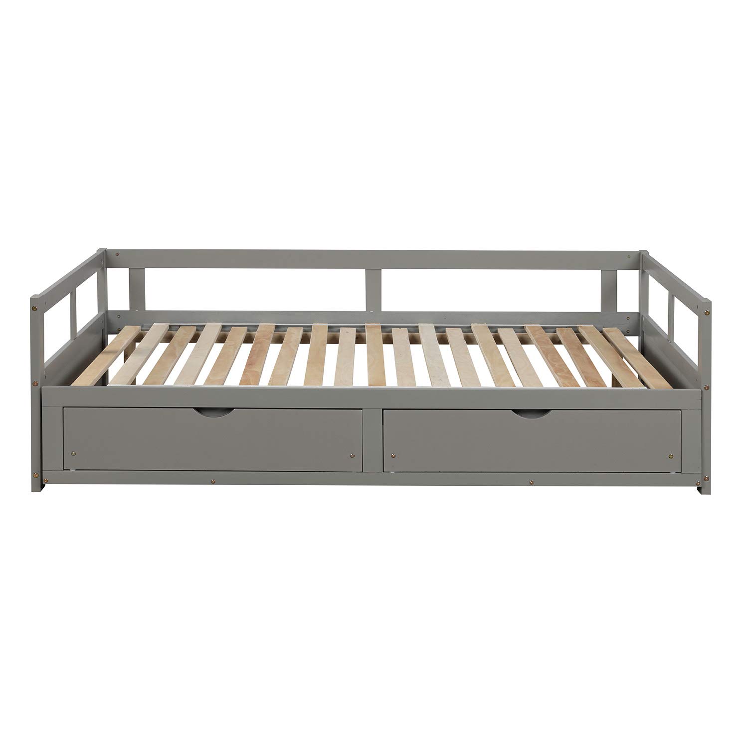 Twin to King Wooden Daybed with Twin Size Trundle Bed and Two Storage Drawers, Extendable Bed Frame, Sofa Bed for Bedroom Living Room, Grey