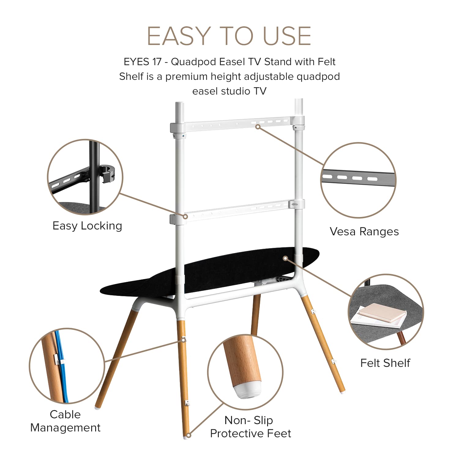 POUT E17 TV Studio Display - Solid Wood Legs Metal Base w/Height Adjustable Black Bracket & Felt Shelf - Supports Max Load 88lbs 55 to 70 Inch LED VESA Screens - Universal TV Mount (Black Walnut)