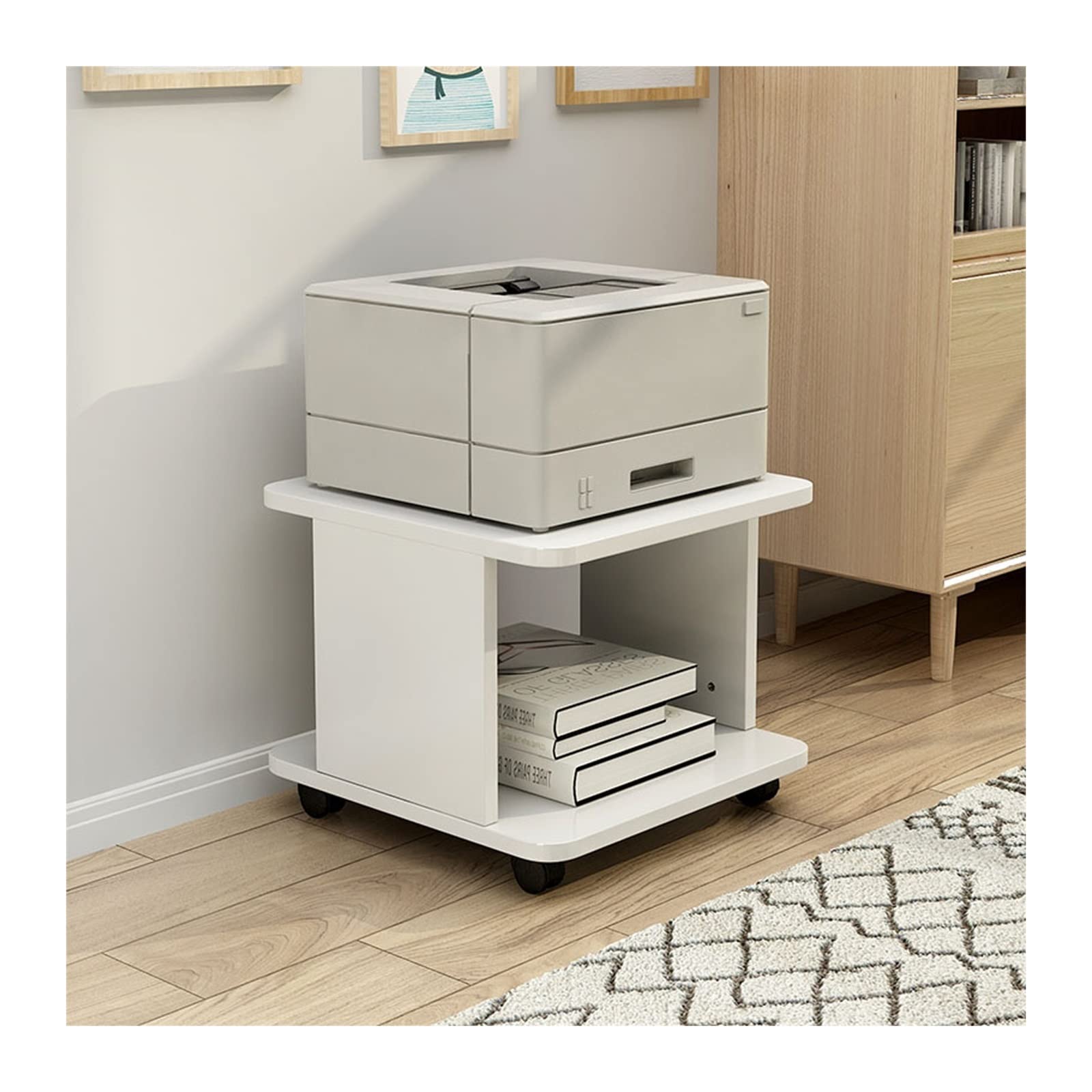 Printer Stand Shelf 2-Tier Movable Laser Printer Cart Large Machine Stand Under Desk Heavy Duty Rolling Table with Storage Floor Standing Rack on Wheels Paper File Organizer Shelf for Home Office (whi
