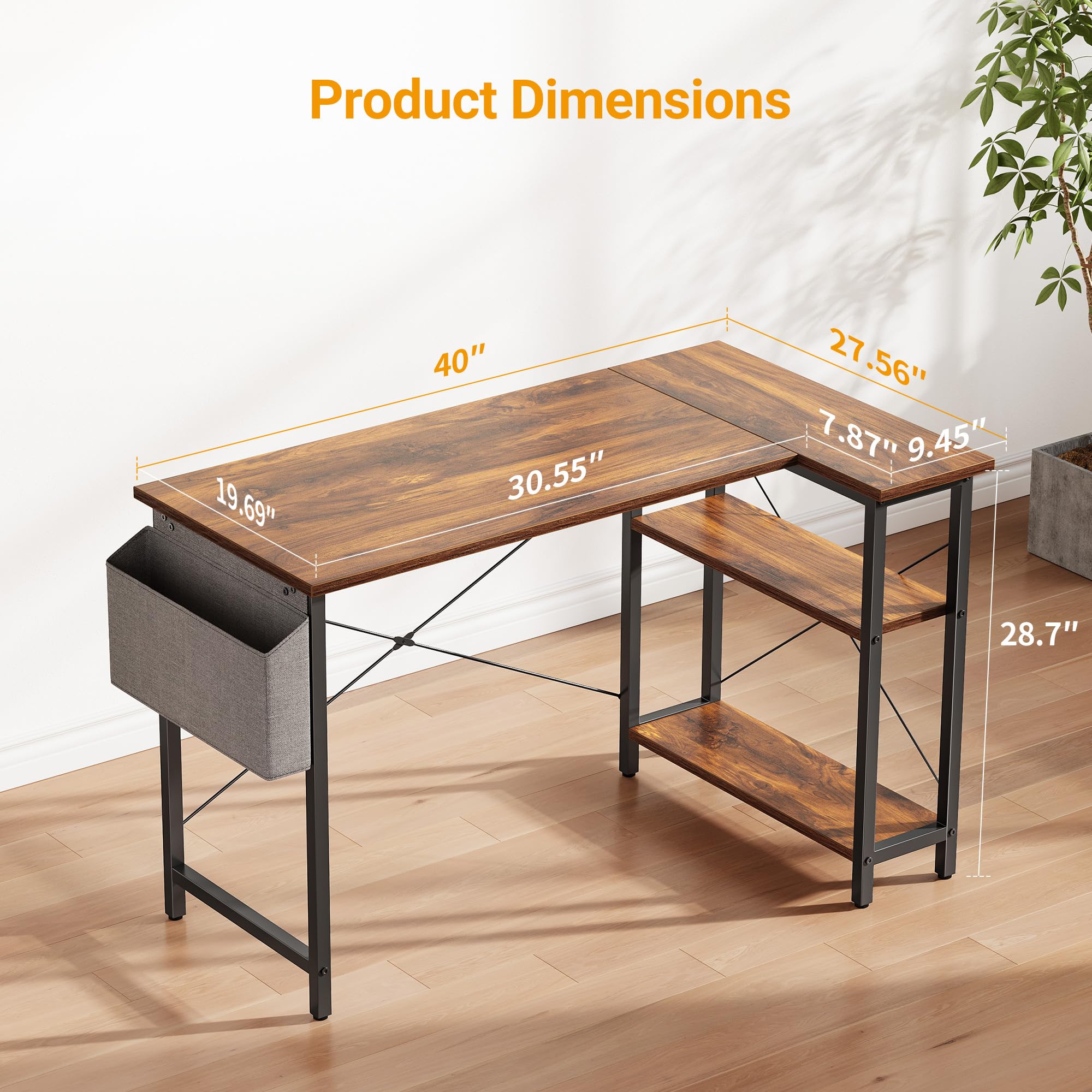 CubiCubi 40 Inch Small L Shaped Computer Desk with Storage Shelves Home Office Corner Desk Study Writing Table, Deep Brown