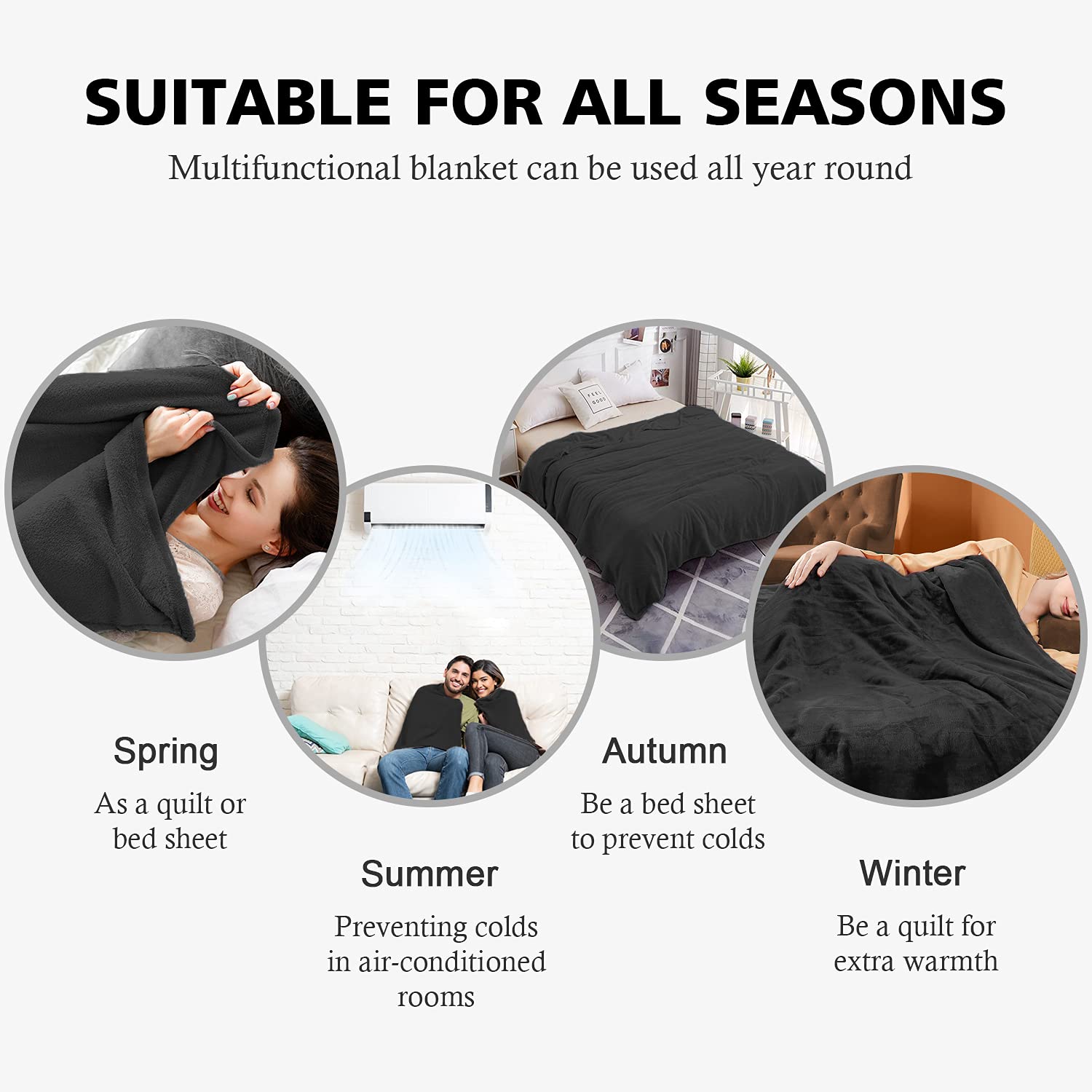 EIUE Comfortable Flannel Throw Blanket,Twin Size Full Body Warming Premium Fleece Bedding Quilt,Reversible Microfiber Blanket for All Season(Black,60x80inch)