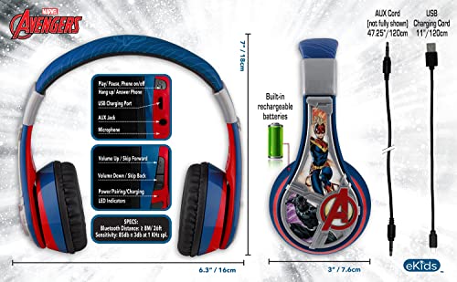 eKids Marvel Avengers Kids Bluetooth Headphones, Wireless Headphones with Microphone Includes Aux Cord, Volume Reduced Kids Foldable Headphones for School, Home, or Travel