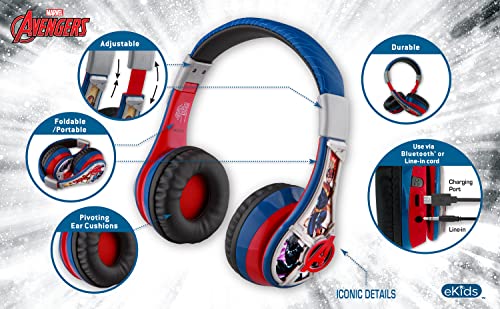 eKids Marvel Avengers Kids Bluetooth Headphones, Wireless Headphones with Microphone Includes Aux Cord, Volume Reduced Kids Foldable Headphones for School, Home, or Travel