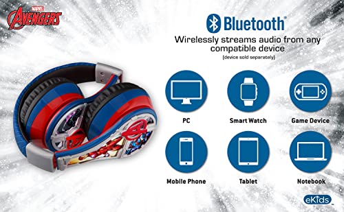 eKids Marvel Avengers Kids Bluetooth Headphones, Wireless Headphones with Microphone Includes Aux Cord, Volume Reduced Kids Foldable Headphones for School, Home, or Travel