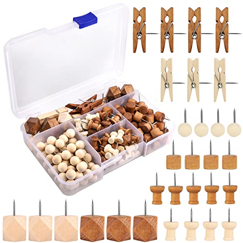 200 Pieces Push Pins, Wood Thumb Tacks Pushpin Clips Decorative Push Pins for Cork Board, 2 Colors 5 Style for Bulletin Boards Maps Photos Office Home for Teachers Coworkers