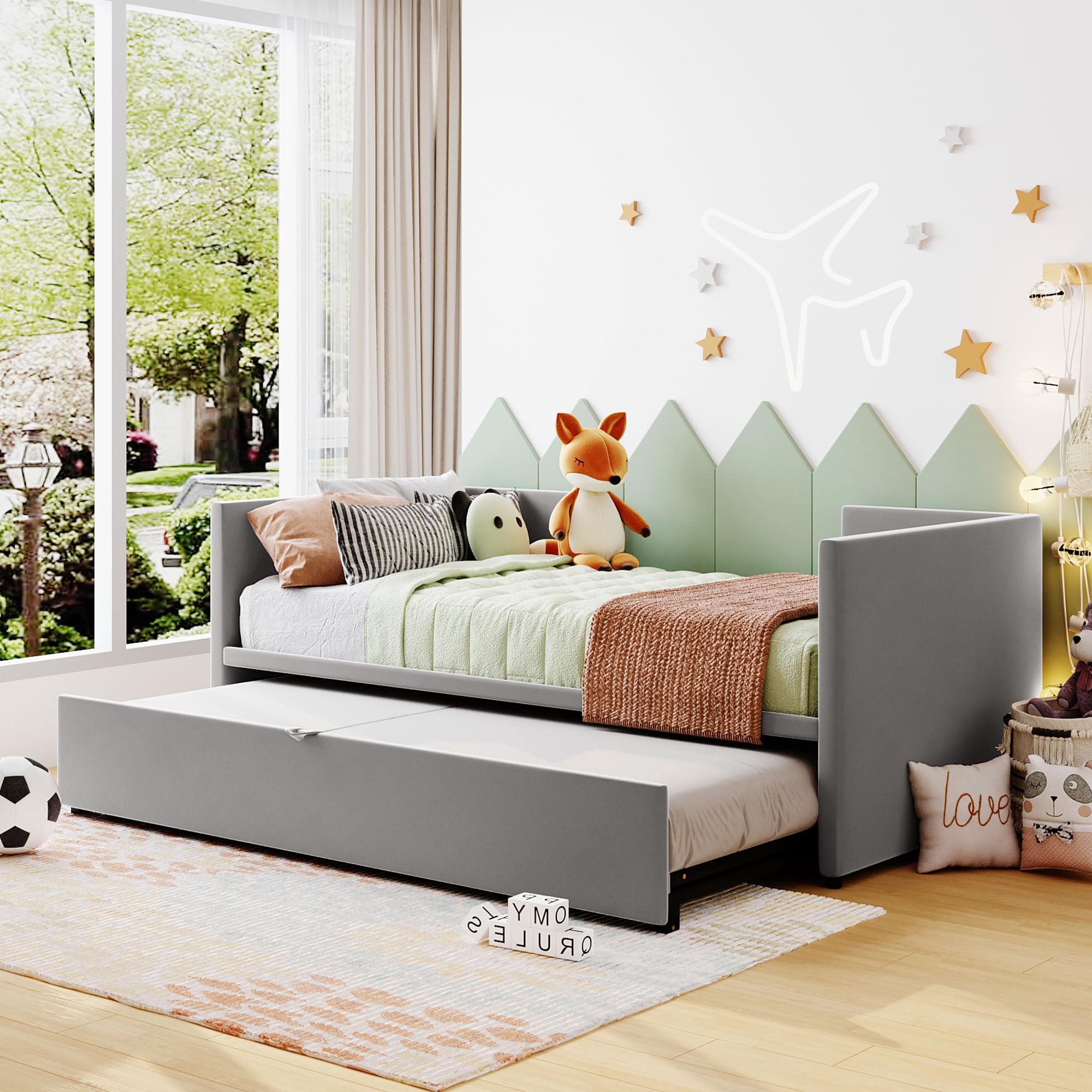 JIVOIT Twin to King Design Upholstered Daybed, Velvet Twin Size Upholstered Daybed with Extendable Trundle, Wooden Daybed Sofa Bed Frame with Wood Slats Support for Kids Teens (Gray 8)