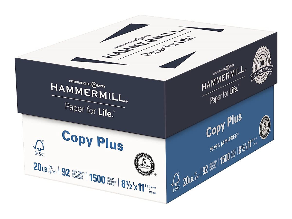 Hammermill 3-Ream Pack Copy Plus Multipurpose Fax Laser Inkjet Printer Paper, 8 1/2" x 11" Letter Size, 92 Bright White, 20 lb. Acid Free, ColorLok, 99.99% Jam Free