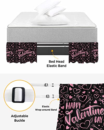 Valentine's Day Bed Skirt King Size 16 Inch Drop, Adjustable & Elastic Wrap Around Bed Skirts Pleated Luxury Dust Ruffles for Twin Full Queen Cal King Base Bed, Pink Black Romance Love Heart