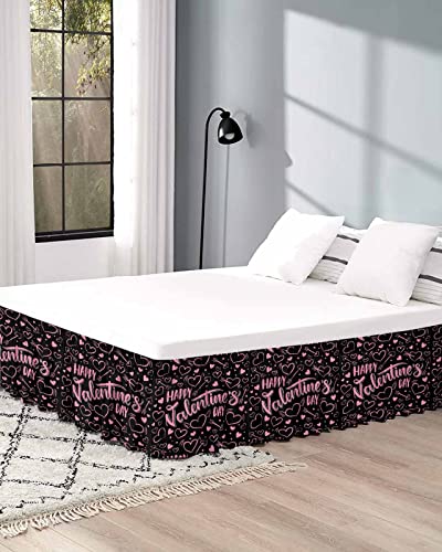 Valentine's Day Bed Skirt King Size 16 Inch Drop, Adjustable & Elastic Wrap Around Bed Skirts Pleated Luxury Dust Ruffles for Twin Full Queen Cal King Base Bed, Pink Black Romance Love Heart