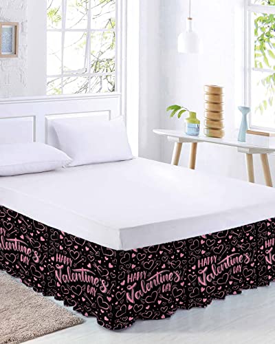 Valentine's Day Bed Skirt King Size 16 Inch Drop, Adjustable & Elastic Wrap Around Bed Skirts Pleated Luxury Dust Ruffles for Twin Full Queen Cal King Base Bed, Pink Black Romance Love Heart