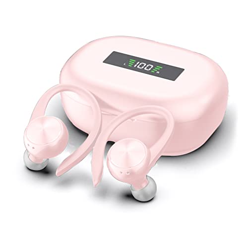 eDealz Fully Wireless Bluetooth 5.0 Rechargeable Active Sports Earbud Headphones w Smart LCD Display 48h USB C Power Charging Case Microphone Surround Stereo Bass and Passive Noise Cancelling (Pink)