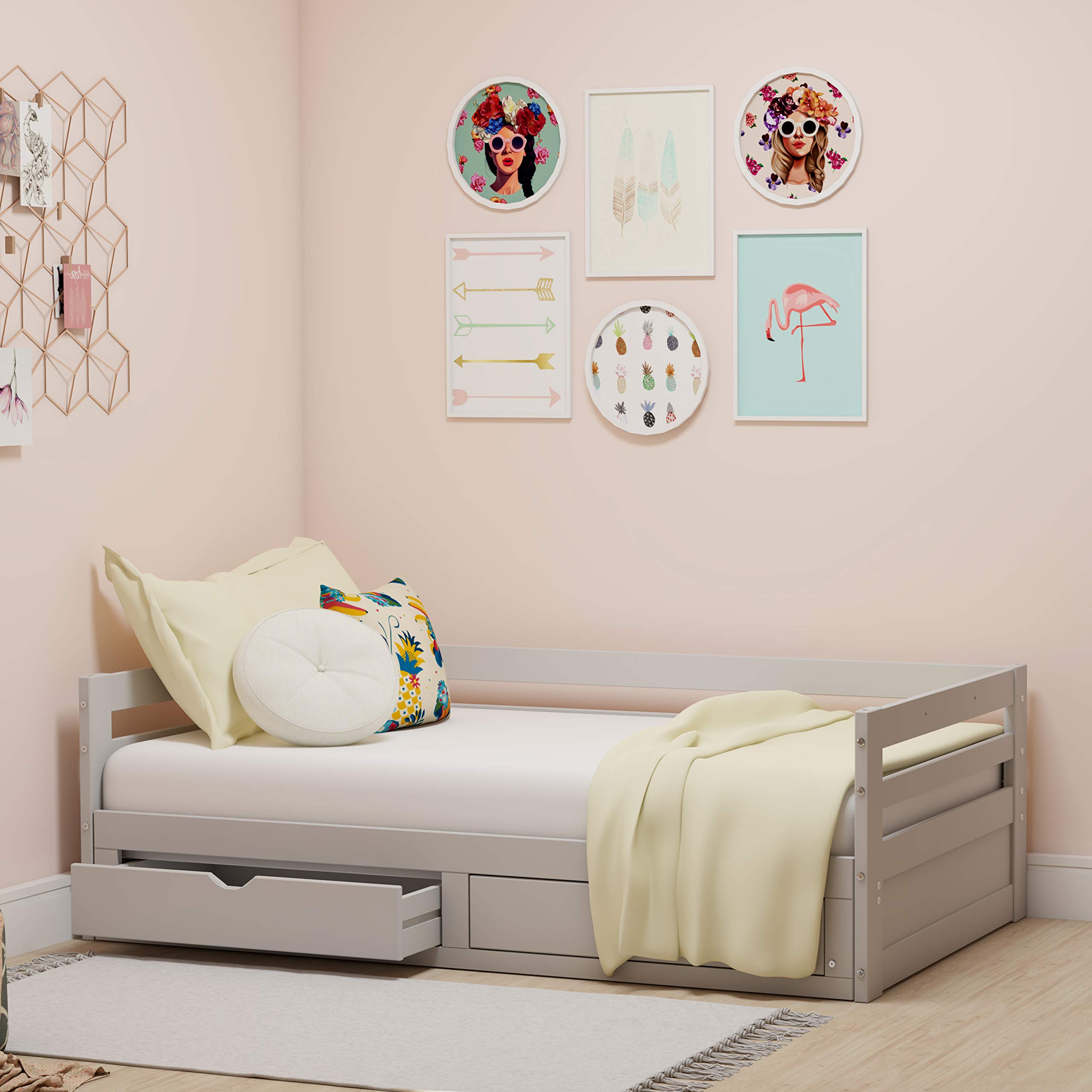 Alaterre Furniture Jasper Twin to King Extending Day Bed with Storage Drawers, Dove Gray