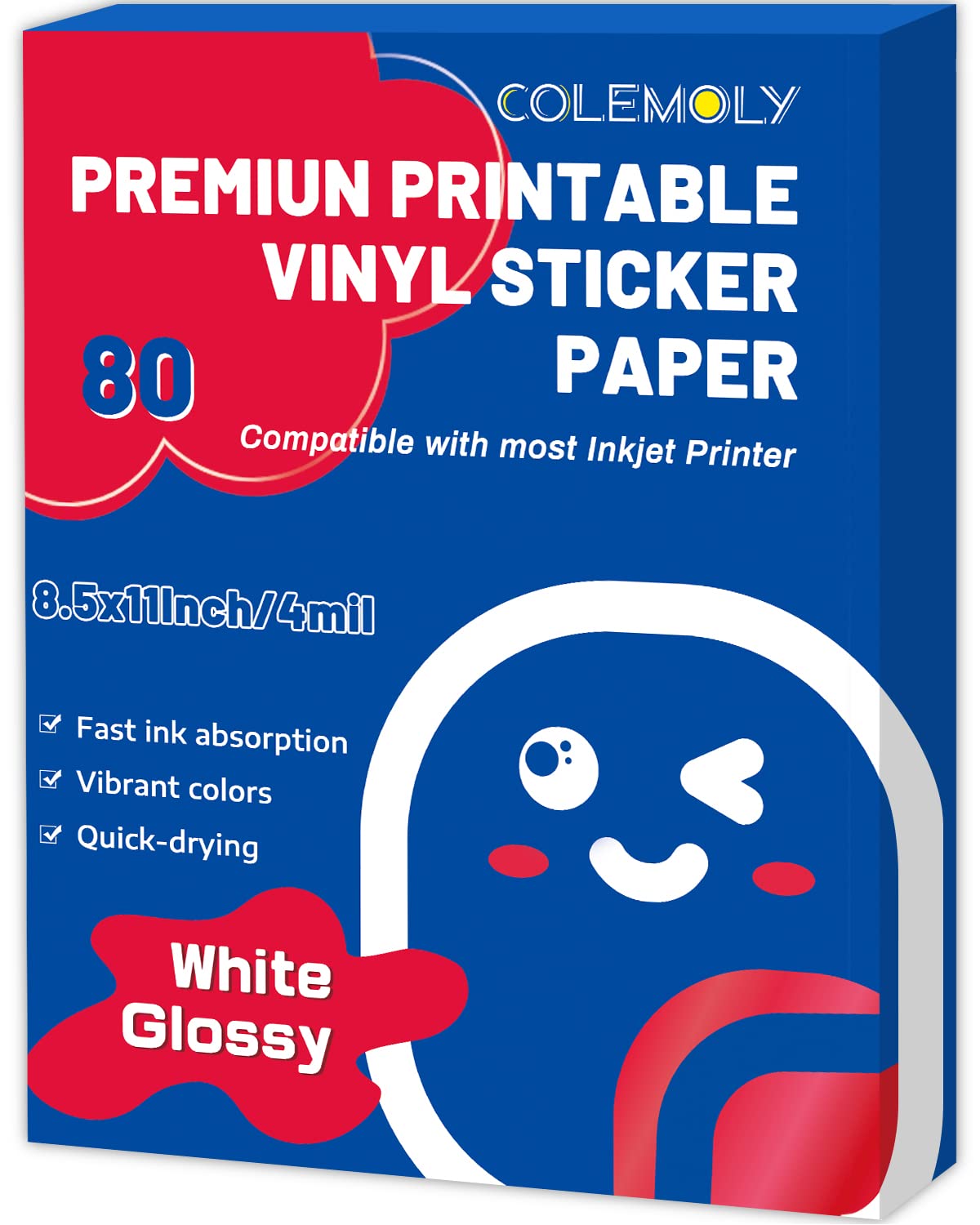 Sticker Paper Printable Vinyl for Inkjet Printer 80 Matte and 80 Glossy Quick Drying Waterproof Decals Self-Adhesive Tear resistance Non-residue Label Vivid Color Letter 8.5x11 In for Craft Laser
