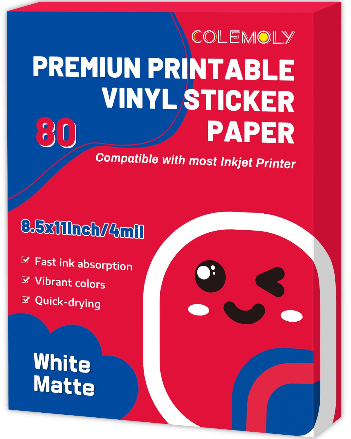 Sticker Paper Printable Vinyl for Inkjet Printer 80 Matte and 80 Glossy Quick Drying Waterproof Decals Self-Adhesive Tear resistance Non-residue Label Vivid Color Letter 8.5x11 In for Craft Laser
