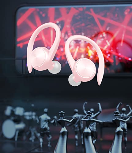 eDealz Fully Wireless Bluetooth 5.0 Rechargeable Active Sports Earbud Headphones w Smart LCD Display 48h USB C Power Charging Case Microphone Surround Stereo Bass and Passive Noise Cancelling (Pink)