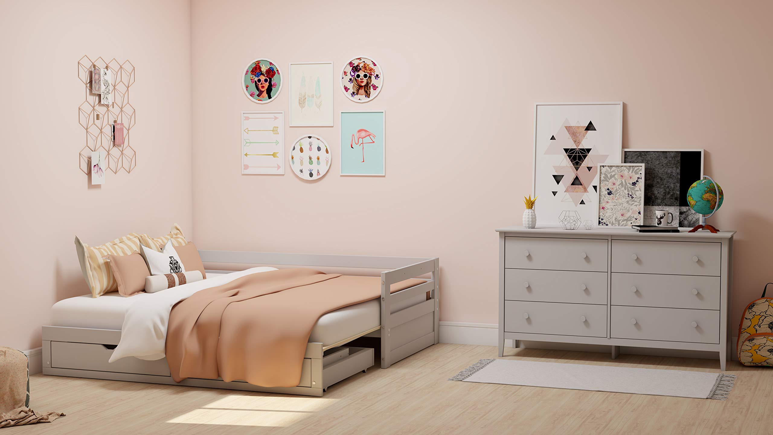 Alaterre Furniture Jasper Twin to King Extending Day Bed with Storage Drawers, Dove Gray