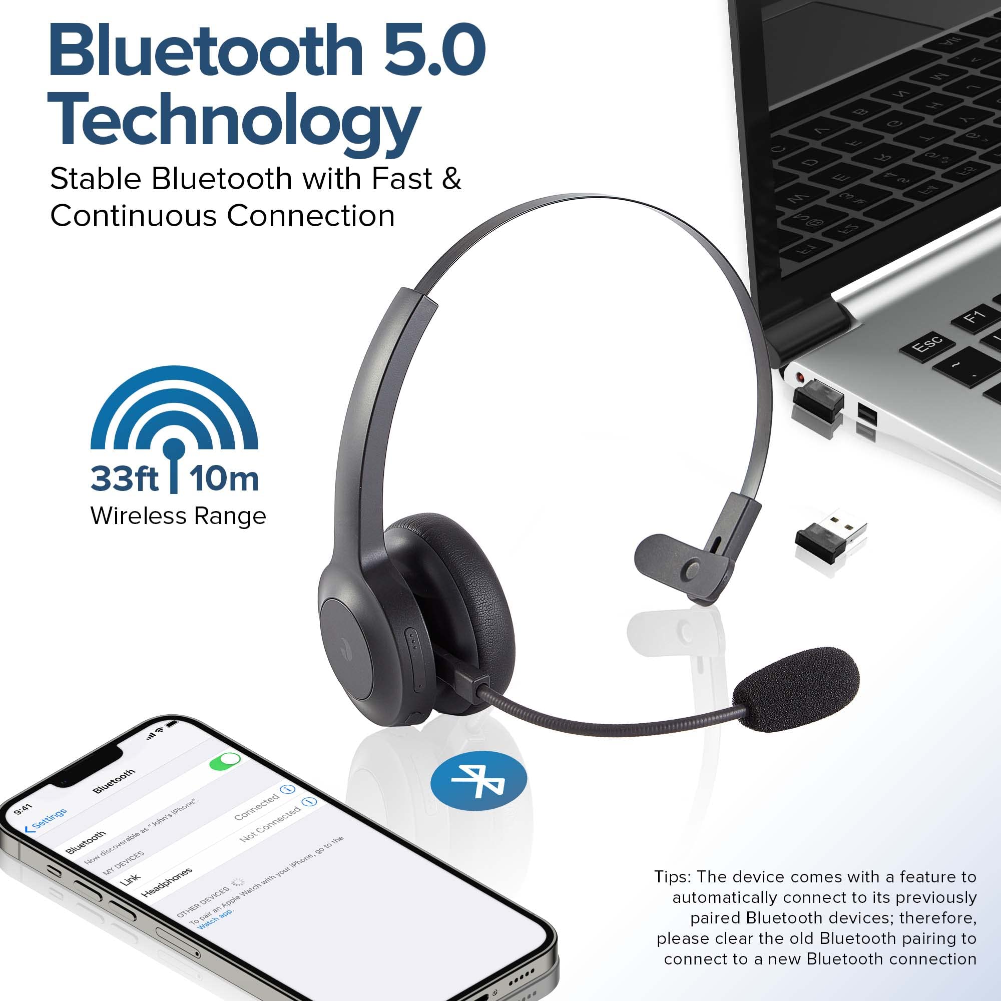 Derico Trucker Bluetooth Headset with Noise Cancelling Microphone & Mute Button for Cell Phones | Telephone Headsets for Office Phones | On-Ear Headphones for Microsoft, Call Center, Trucker Headset