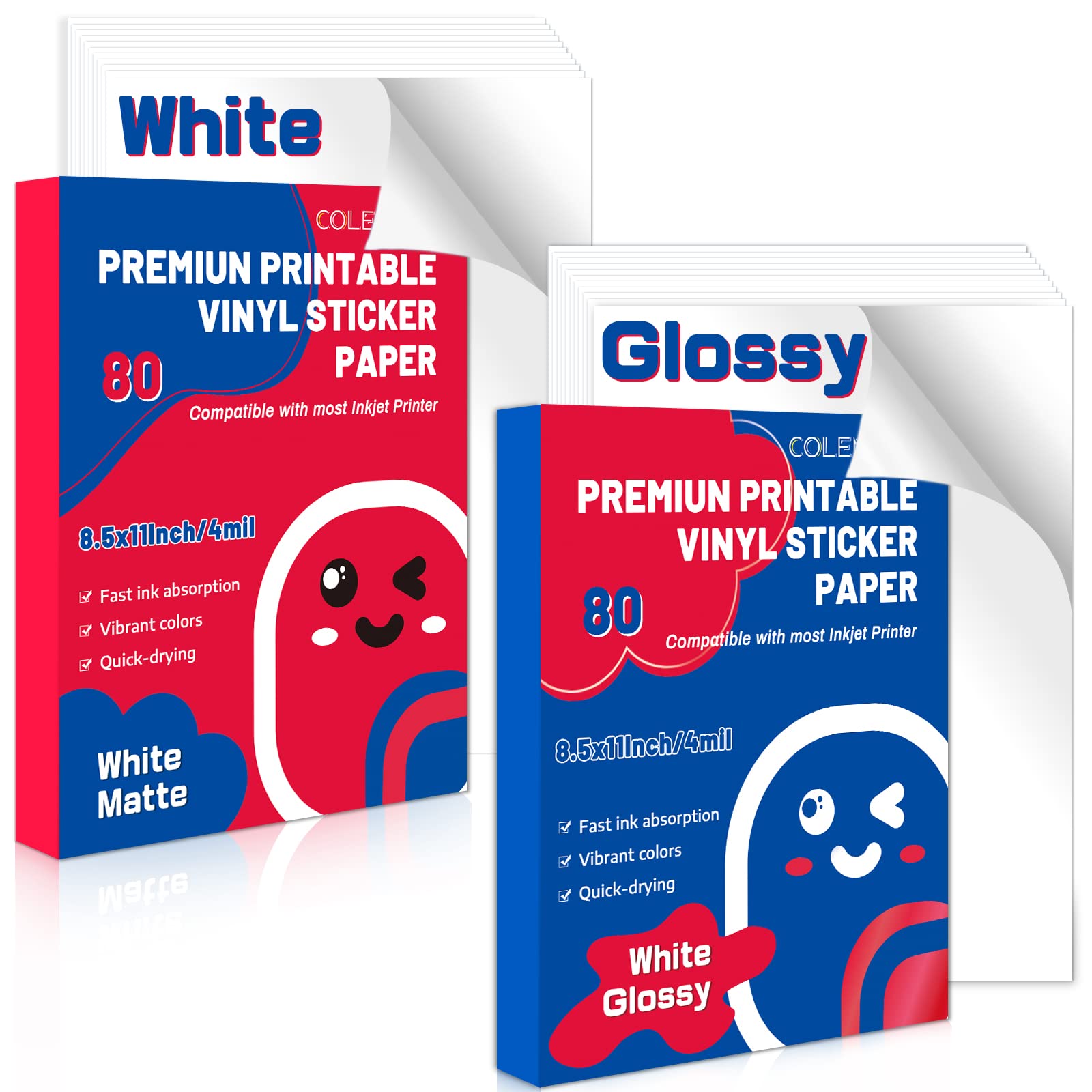 Sticker Paper Printable Vinyl for Inkjet Printer 80 Matte and 80 Glossy Quick Drying Waterproof Decals Self-Adhesive Tear resistance Non-residue Label Vivid Color Letter 8.5x11 In for Craft Laser