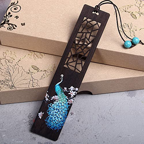 KAIY Handmade Wooden Bookmark Gift Box, Natural Hard Wood Bookmark Peacock Hollowed Out Pattern Color Drawing Bookmark with Tassel, Birthday Gifts for Women Men Teachers Girls Mom Lady Book Lover