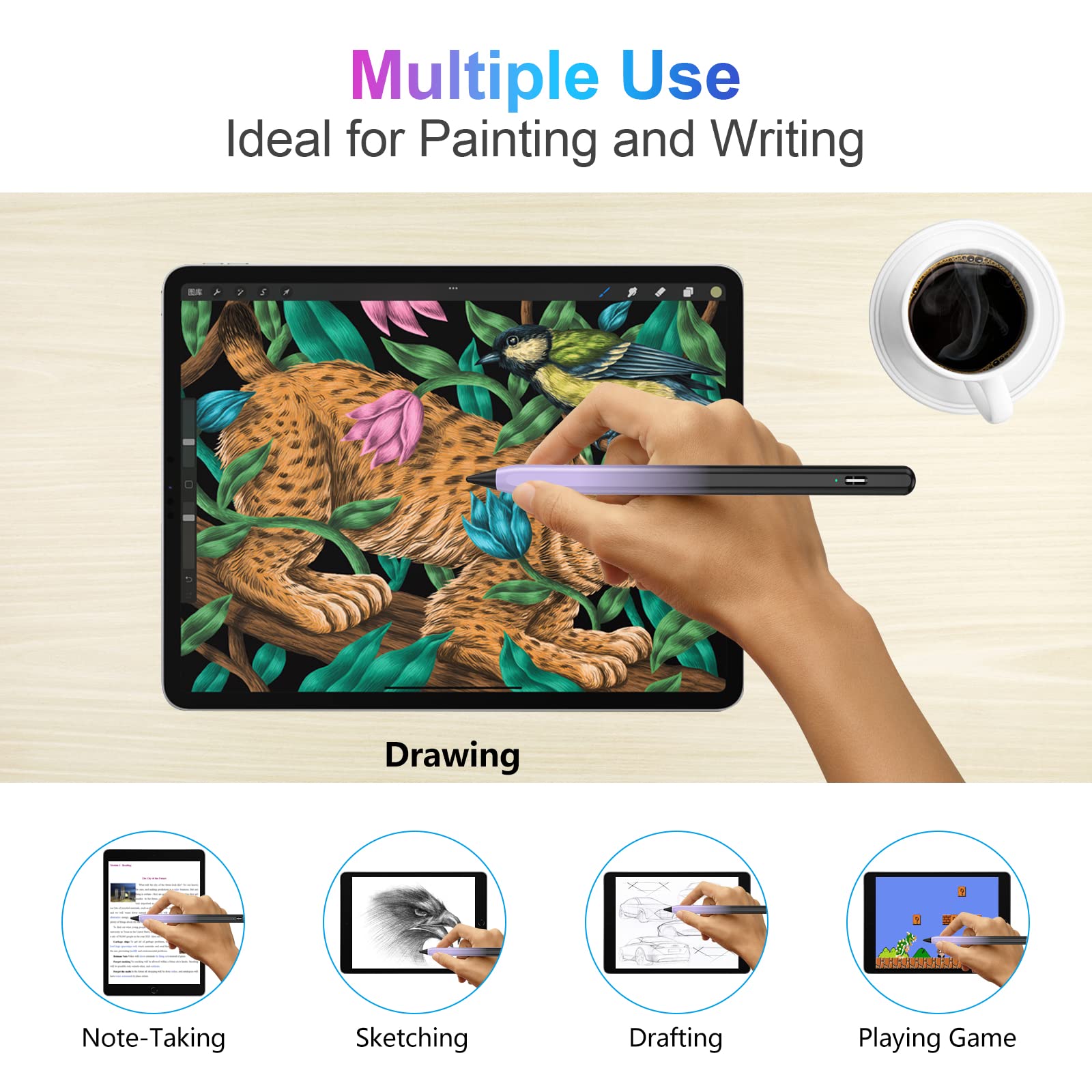 Stylus Pen for iPad 2018-2023 with Palm Rejection, Active Pencil for iPads 10th/9th/8th/7th/6th Gen, for iPad Pro11/12.9 inch, for iPads Air 5th/4th/3th, for iPad Mini 6th/5th Gen(Black and Purple)
