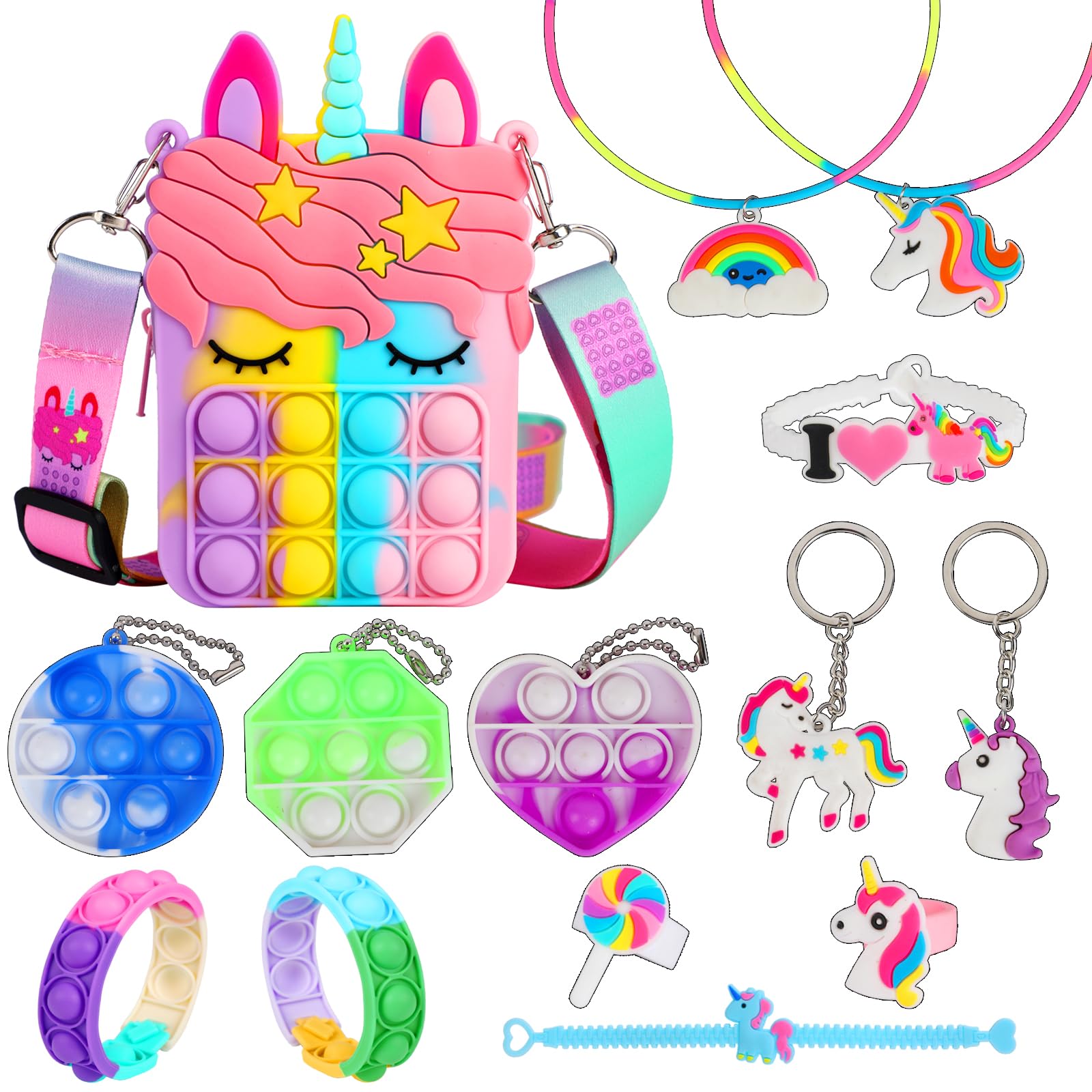 Fidget Purse, Pop Fidget Push It Bubble Popper Unicorn Bag with Bulk Fidget Bracelets Key Chain Stress Relief Toys for Girls Ages 3-12 Gift Easter Basket Stuffers Birthday Party Favor Xmas Stocking