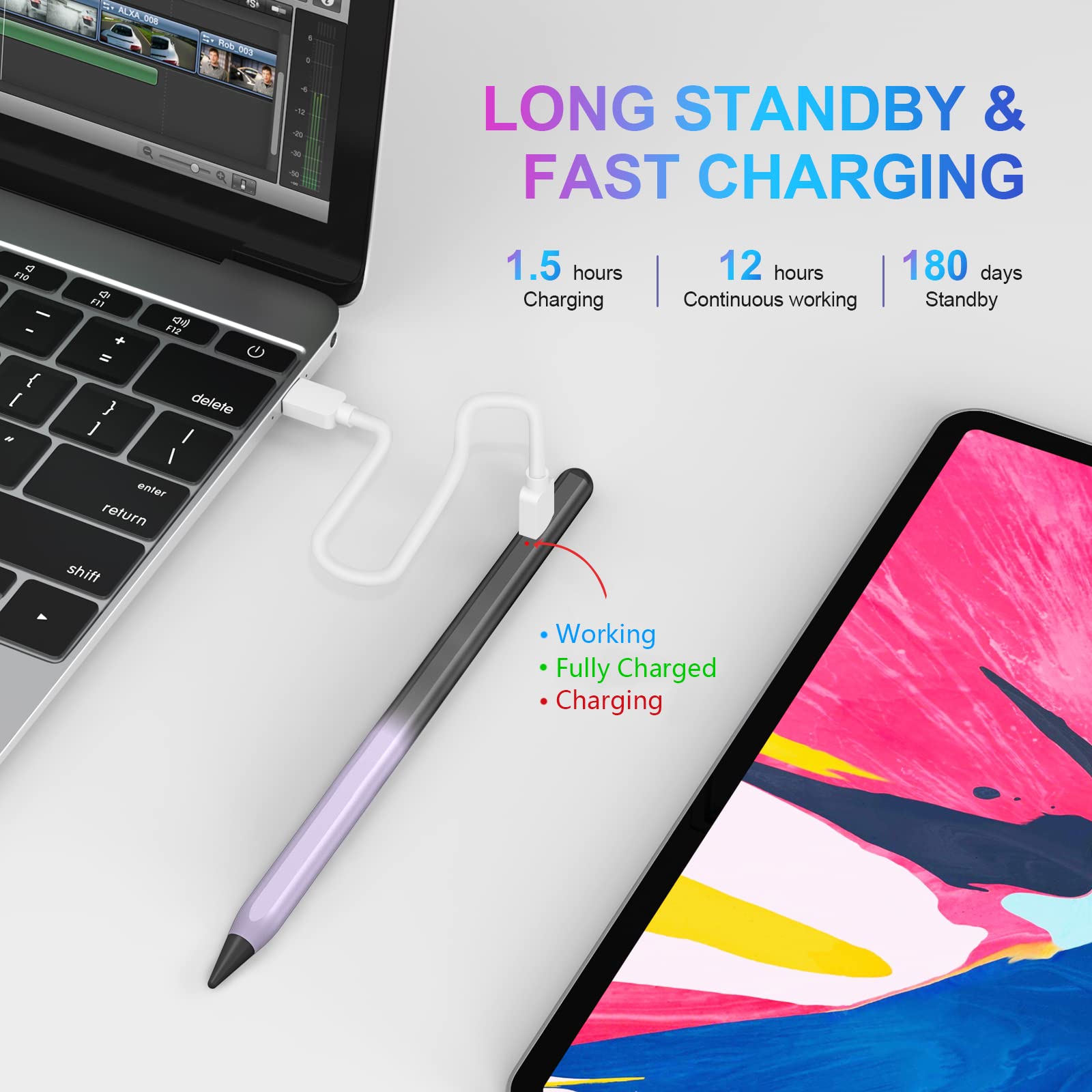 Stylus Pen for iPad 2018-2023 with Palm Rejection, Active Pencil for iPads 10th/9th/8th/7th/6th Gen, for iPad Pro11/12.9 inch, for iPads Air 5th/4th/3th, for iPad Mini 6th/5th Gen(Black and Purple)