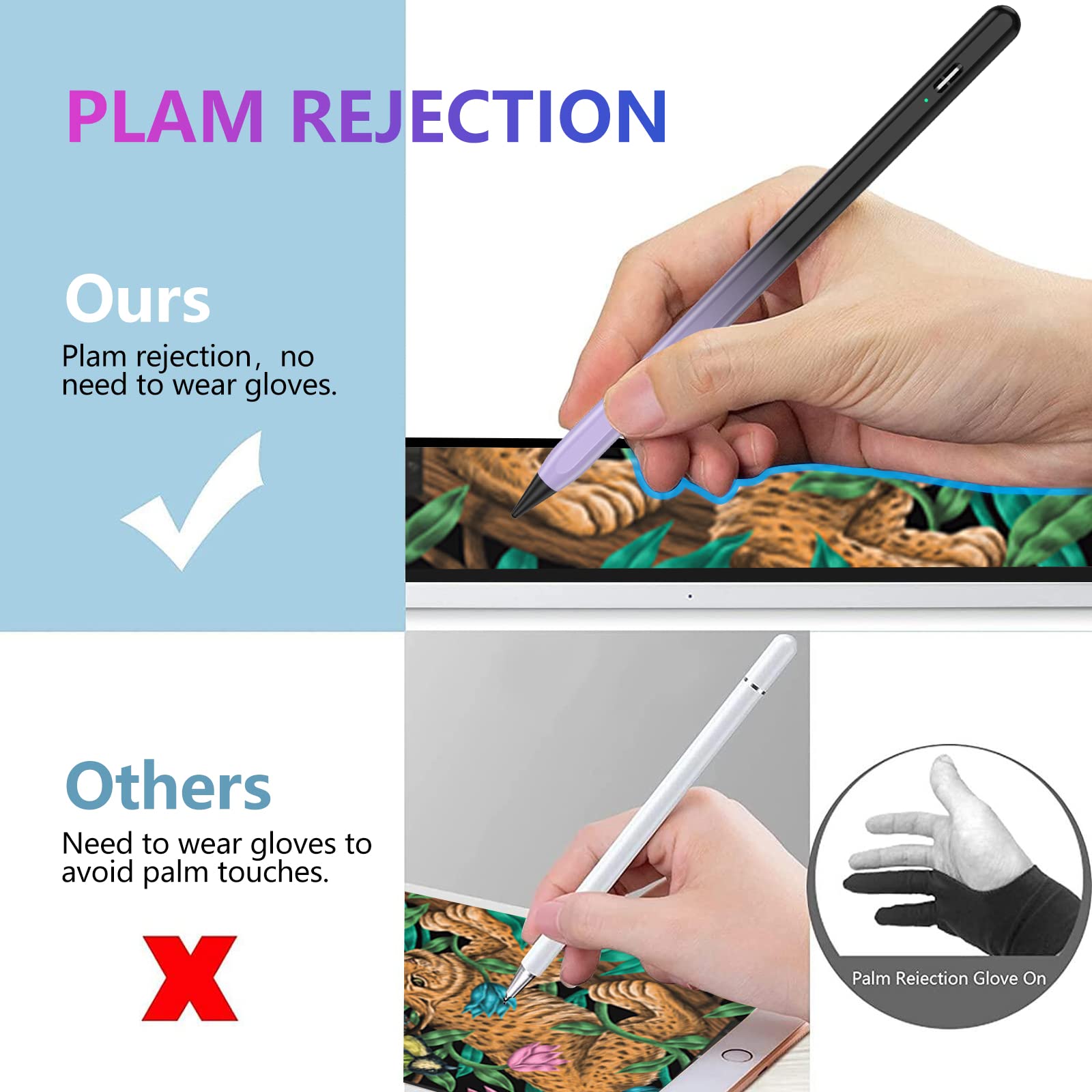 Stylus Pen for iPad 2018-2023 with Palm Rejection, Active Pencil for iPads 10th/9th/8th/7th/6th Gen, for iPad Pro11/12.9 inch, for iPads Air 5th/4th/3th, for iPad Mini 6th/5th Gen(Black and Purple)