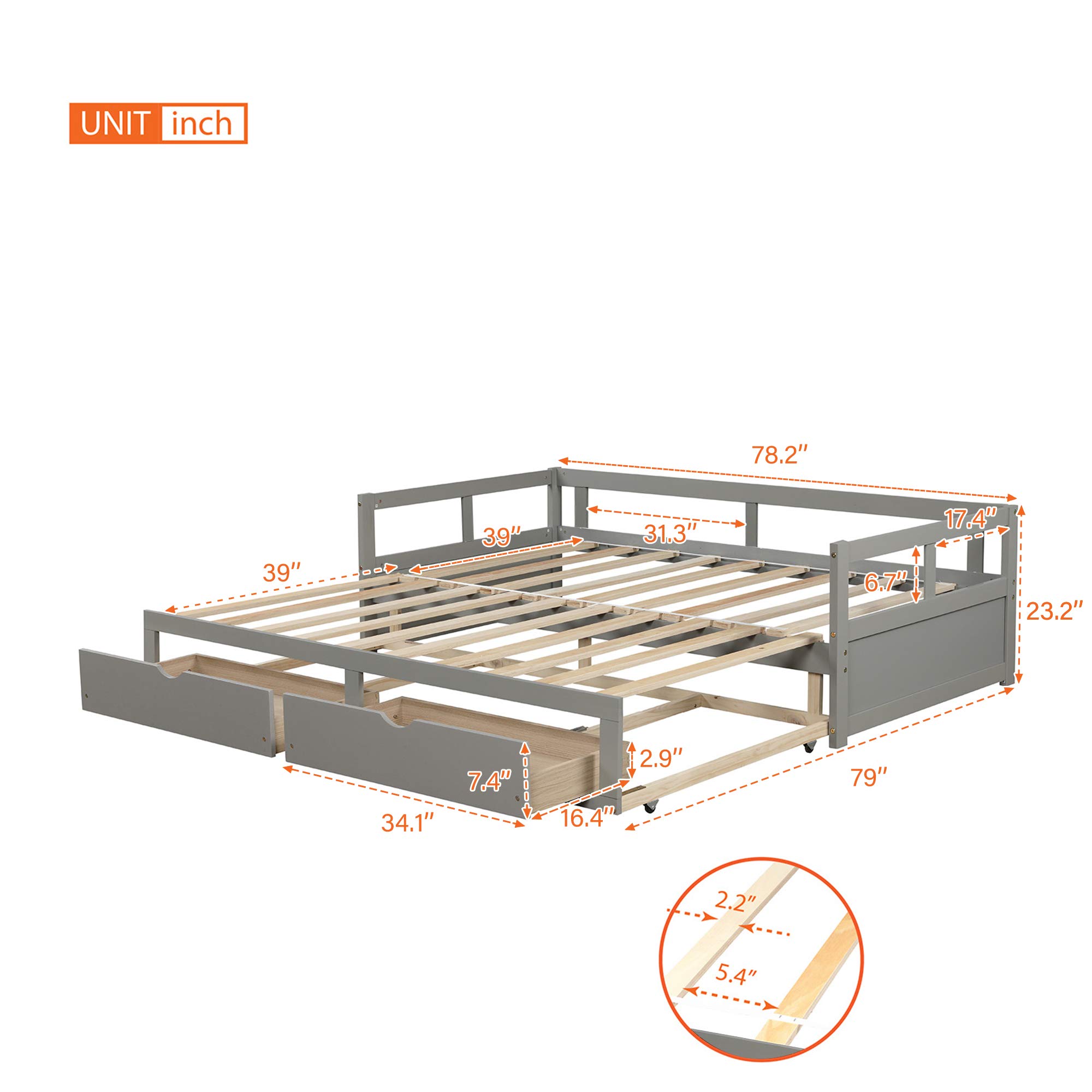 KLMM Extendable Daybed with Two Storage Drawers, Twin/King Size Foldable Daybed Solid Wood, Roll Out Trundle Accommodate Twin Size Mattresses (Gray)