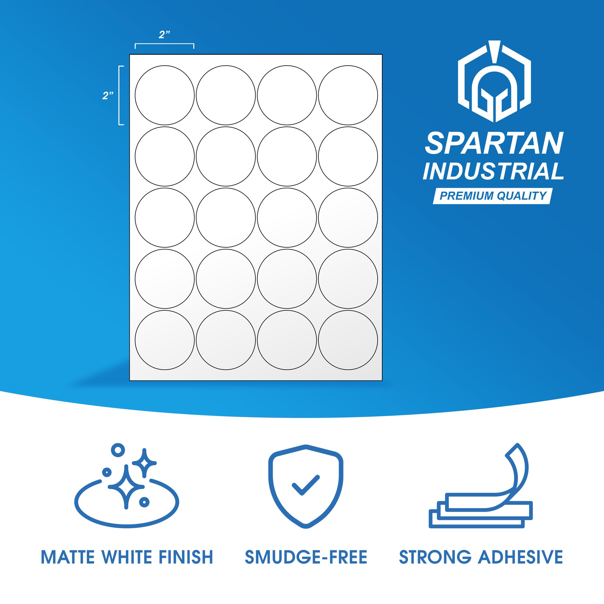 2" Circle Printable Labels Compatible with Inkjet and Laser Printers - 100 Sheets, 2000 Matte White Round Stickers for Product Labeling, Packaging, Organization - Spartan Industrial