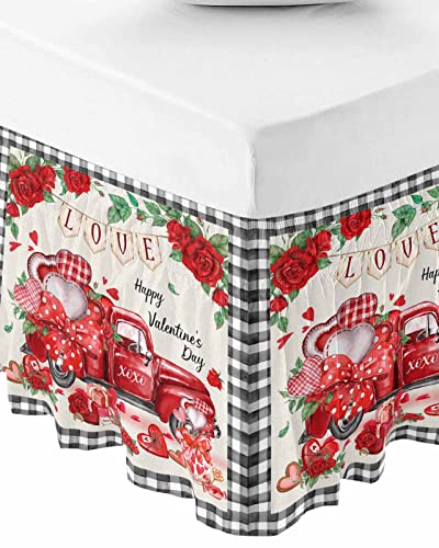 Valentine's Day Bed Skirt King Size 18 Inch Drop,Adjustable & Elastic Wrap Around Bed Skirts Pleated Dust Ruffles for Twin Full Queen Cal King Bed,Red Truck Spring Saint Rose Love Black Plaid Check