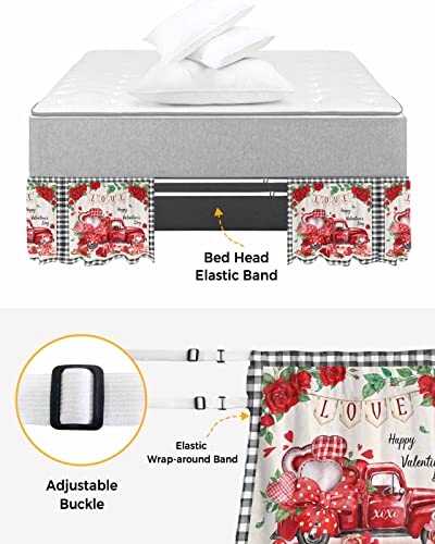 Valentine's Day Bed Skirt King Size 18 Inch Drop,Adjustable & Elastic Wrap Around Bed Skirts Pleated Dust Ruffles for Twin Full Queen Cal King Bed,Red Truck Spring Saint Rose Love Black Plaid Check