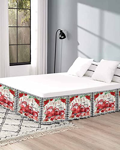 Valentine's Day Bed Skirt King Size 18 Inch Drop,Adjustable & Elastic Wrap Around Bed Skirts Pleated Dust Ruffles for Twin Full Queen Cal King Bed,Red Truck Spring Saint Rose Love Black Plaid Check